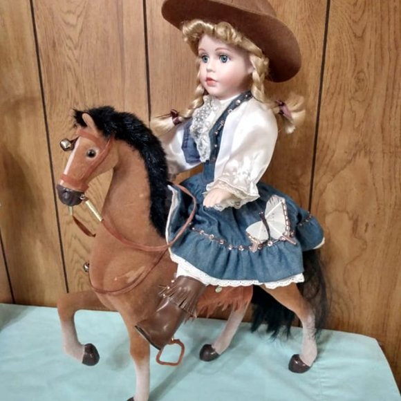 Accents | Vintage 3 Pcs Cowboy Cowgirl Porcelain Dolls Horse Western ...
